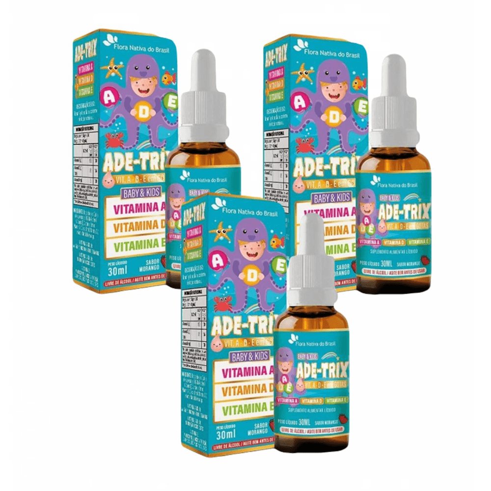 3x Ade Trix Kids Vitaminas A + D + E Sabor Morango 30ml - Panvel Farmácias